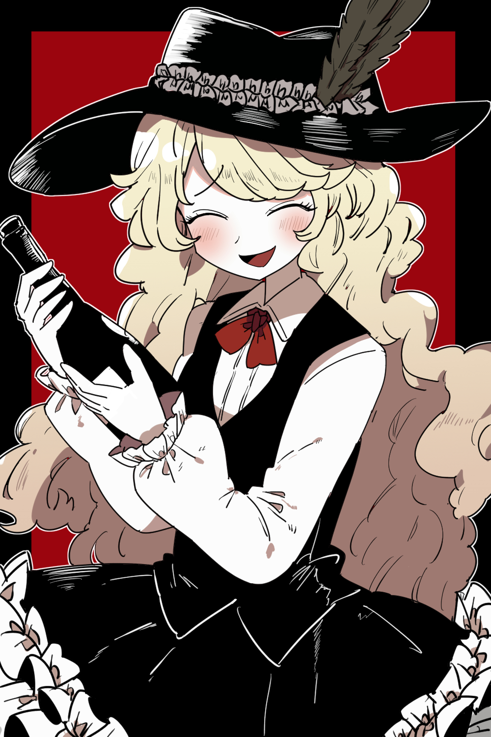 Safebooru - 1girl :d black border black hat black skirt black vest blonde hair blush bollzzalguy ...
