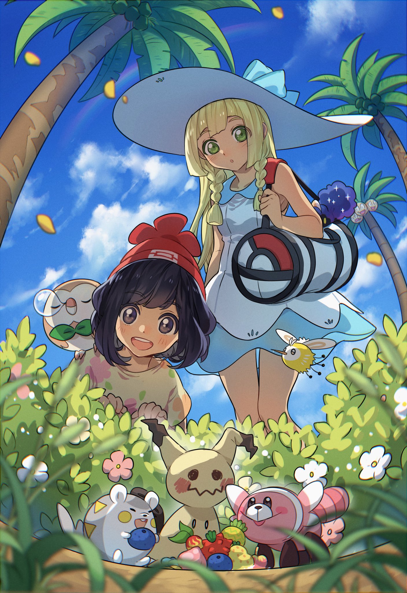 Safebooru - 2girls alolan exeggutor alolan form bag beanie berries ...