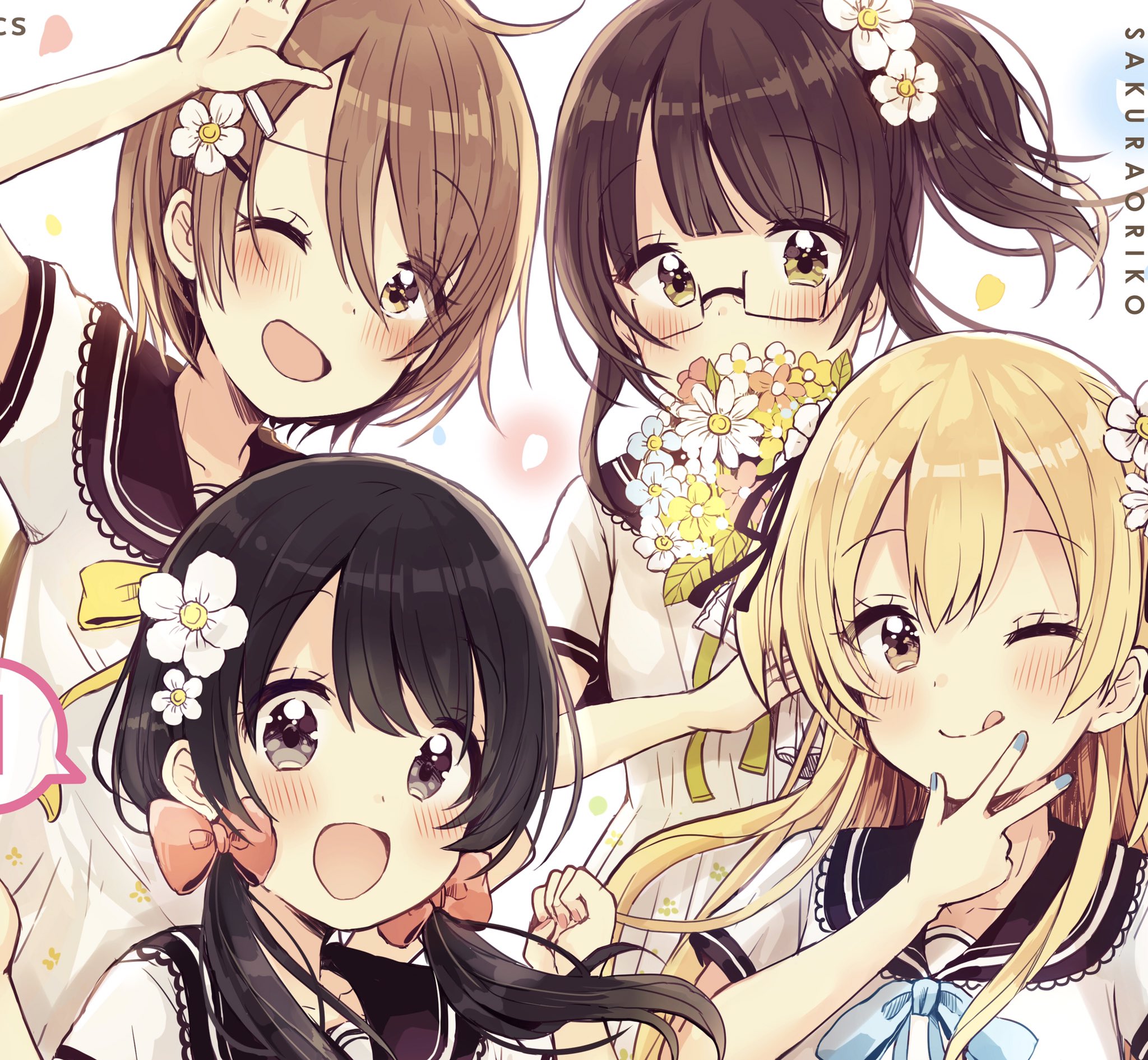 Safebooru - 4girls ;d arm up artist name bangs black-framed eyewear ...