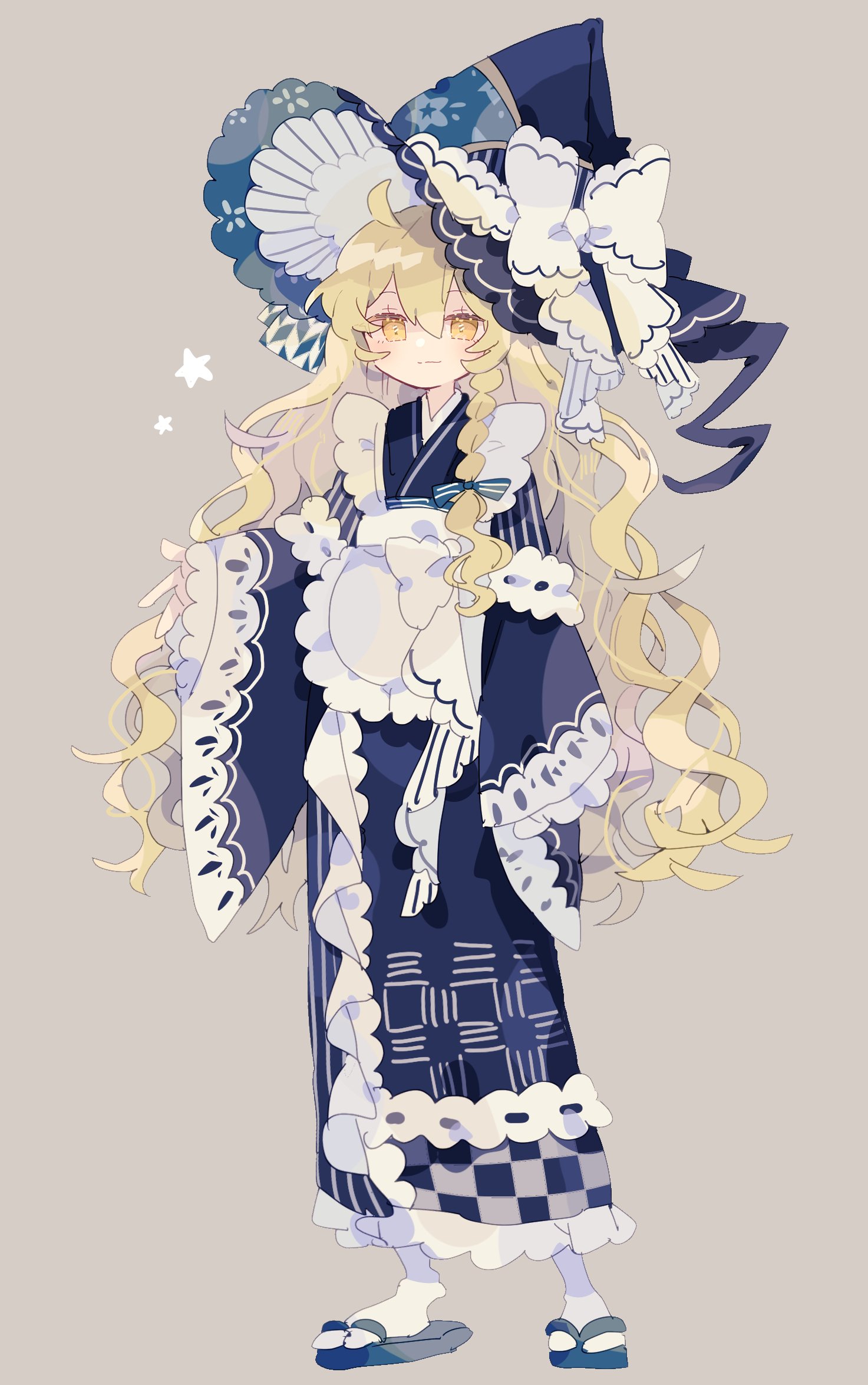 Safebooru - 1girl apron asymmetrical sidelocks black hat blonde hair blue bow blue kimono blush ...