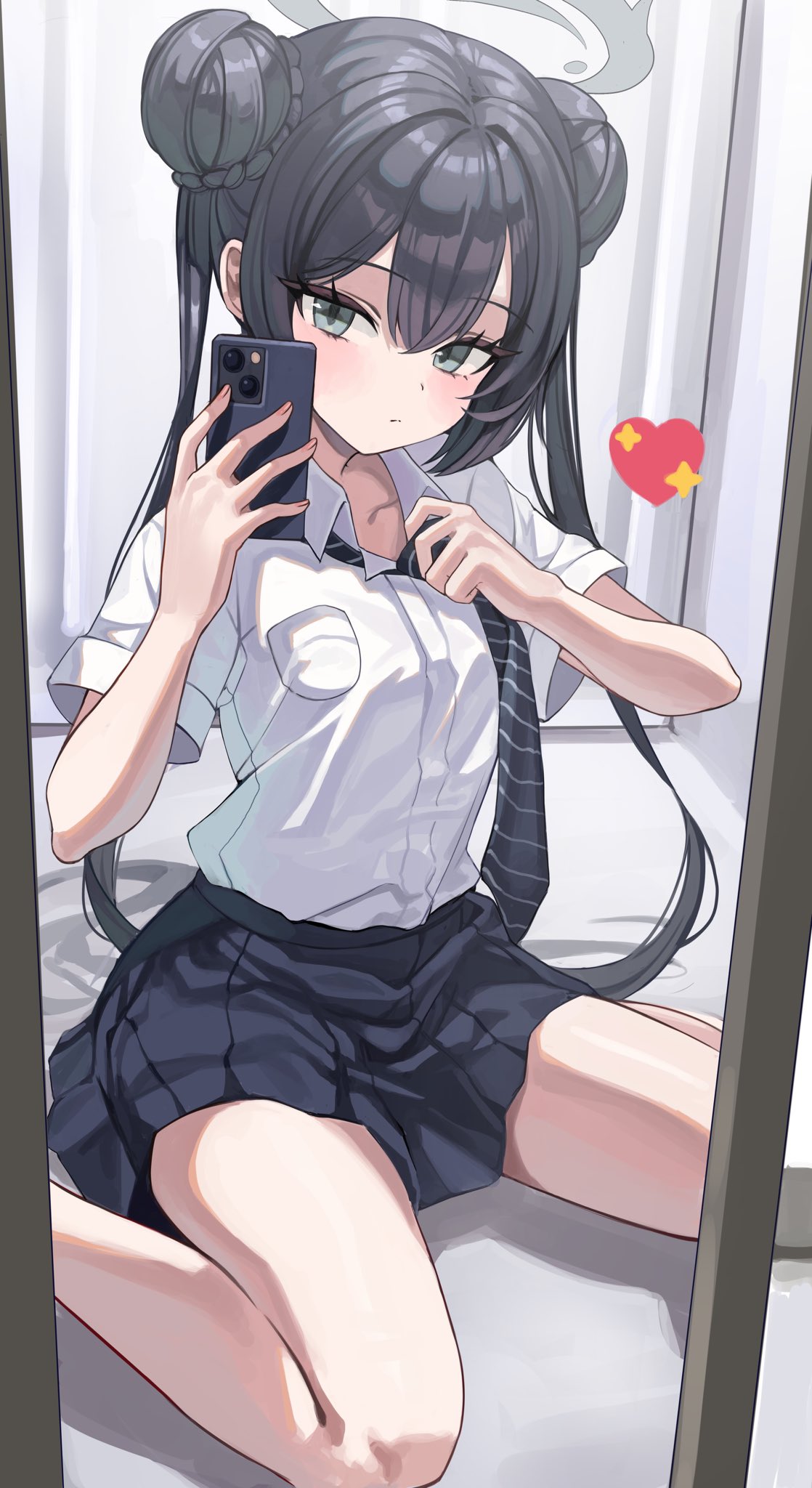 Safebooru - 1girl adjusting clothes adjusting necktie black hair black necktie black skirt blue ...