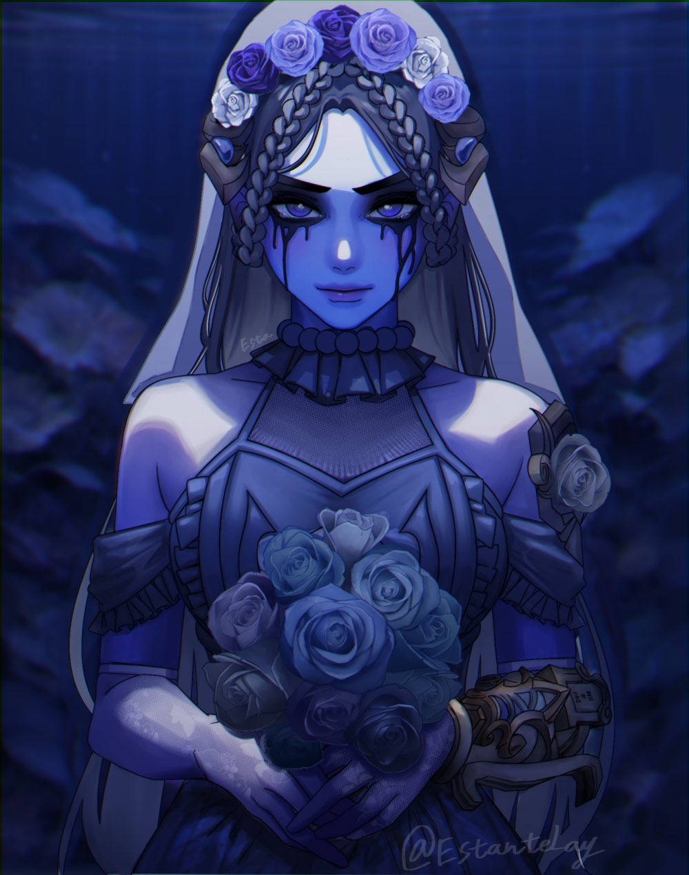 Safebooru - 1girl bare shoulders blue background blue dress blue eyes blue flower blue skin blue ...