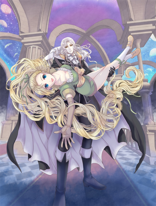 Safebooru - 1boy 1girl alucard (castlevania) blonde hair blue eyes boots breasts cape carrying ...