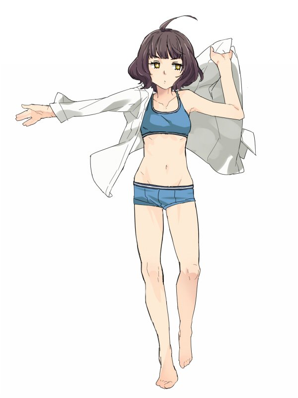 Safebooru - 1girl bangs barefoot black hair blue bra blue panties blunt bangs bra dress shirt ...