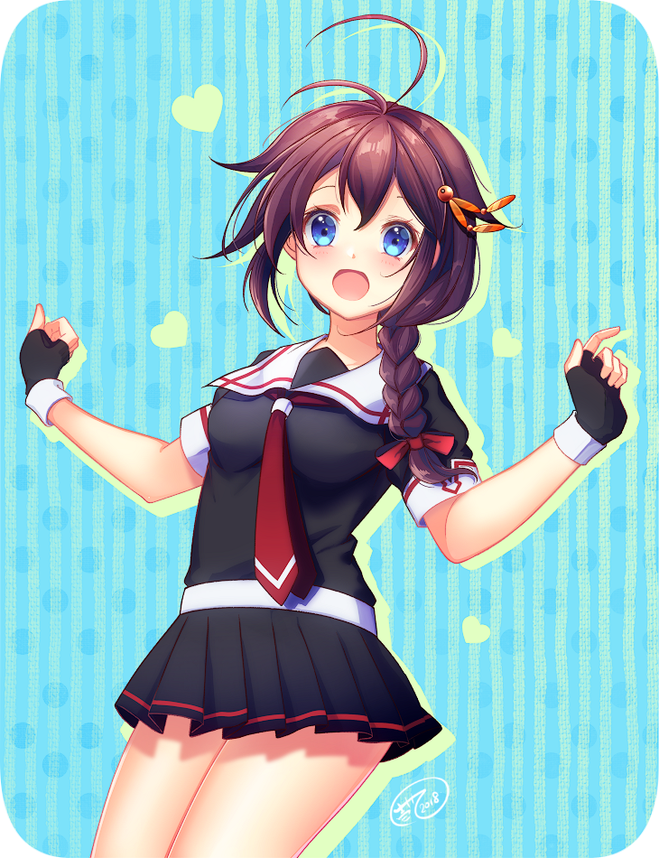 Safebooru - 1girl ahoge black hair black serafuku black skirt blue background blue eyes braid ...