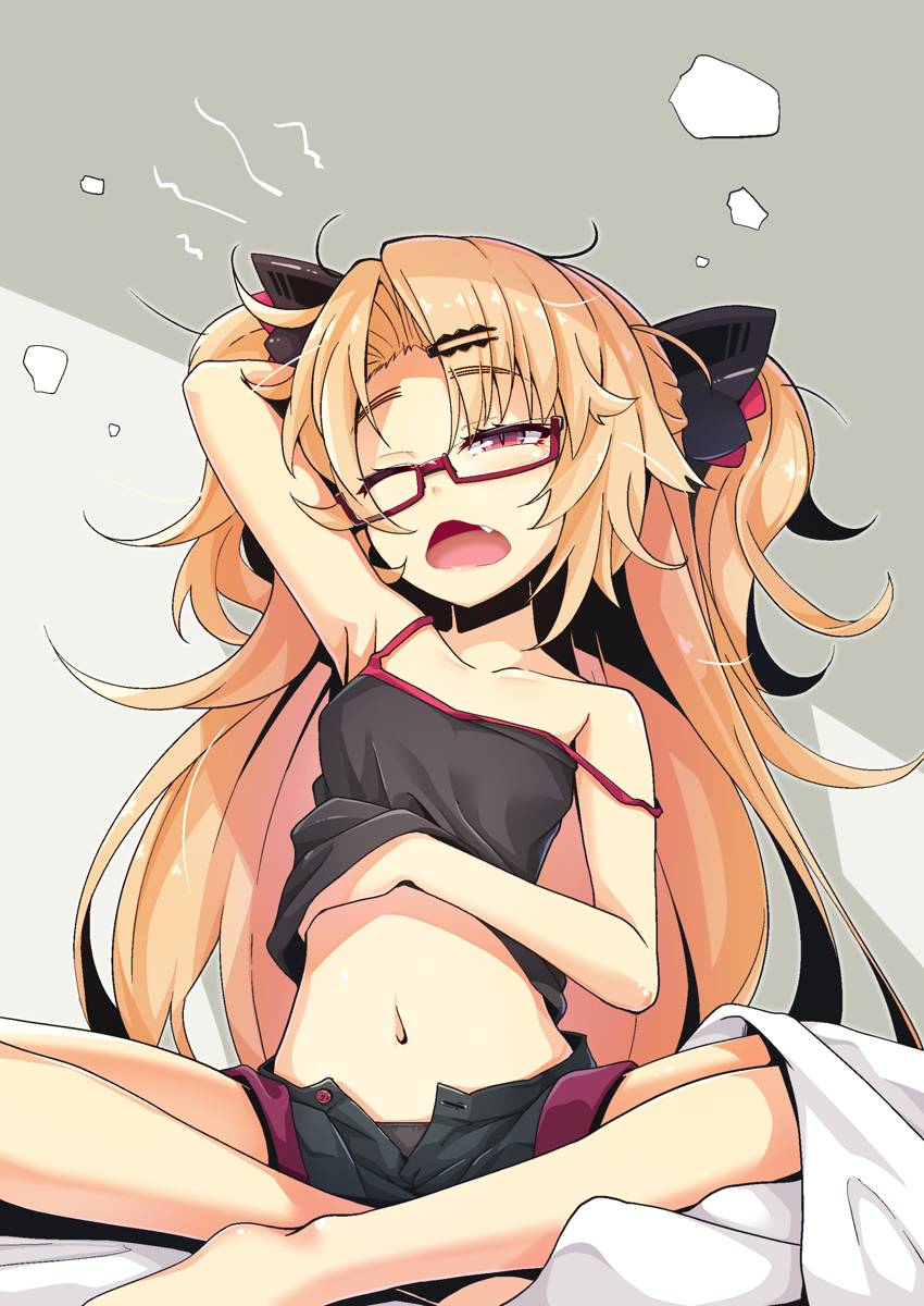 Safebooru - 1girl akatsuki yuni arm up bangs bare arms bare legs bare shoulders barefoot bed ...