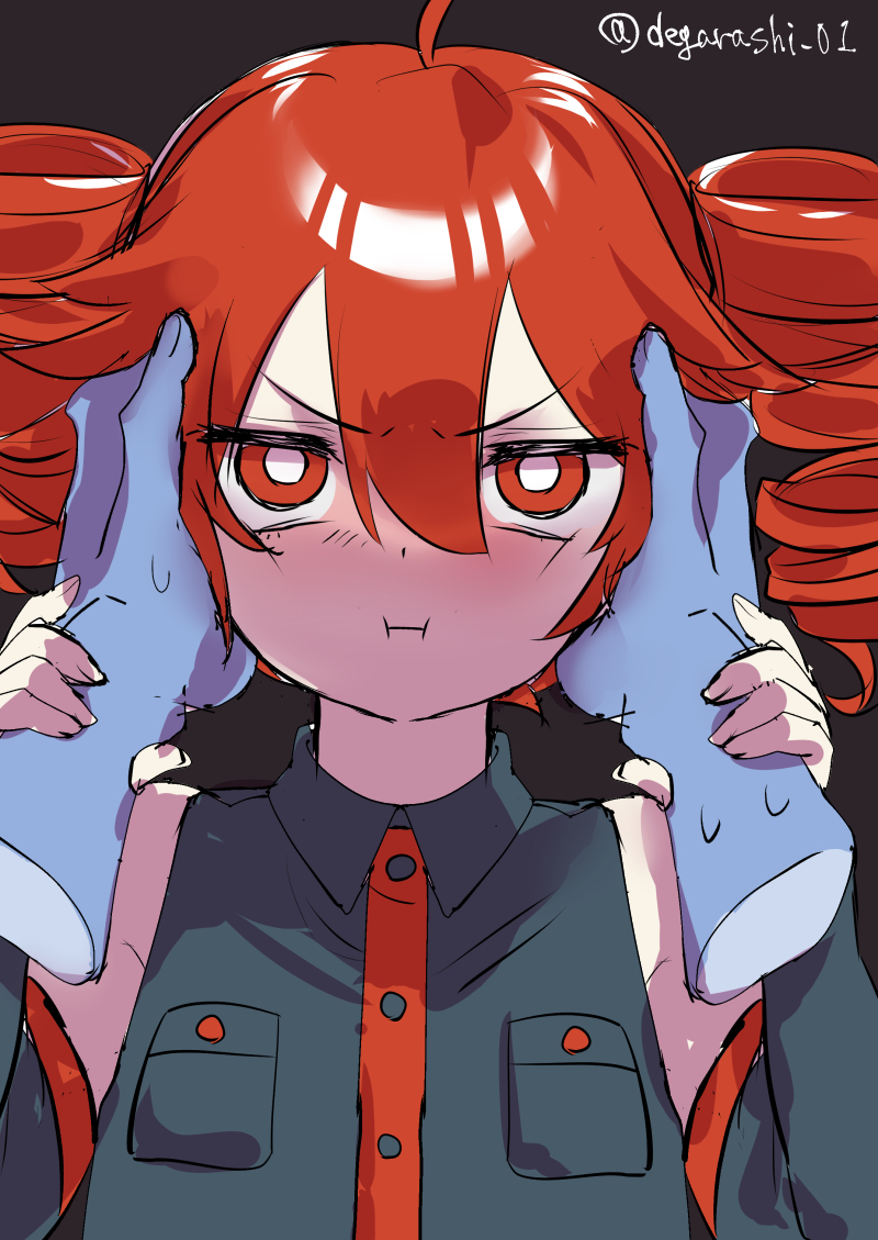 Safebooru - 1girl 1other ahoge black background black shirt black sleeves blush buttons closed ...