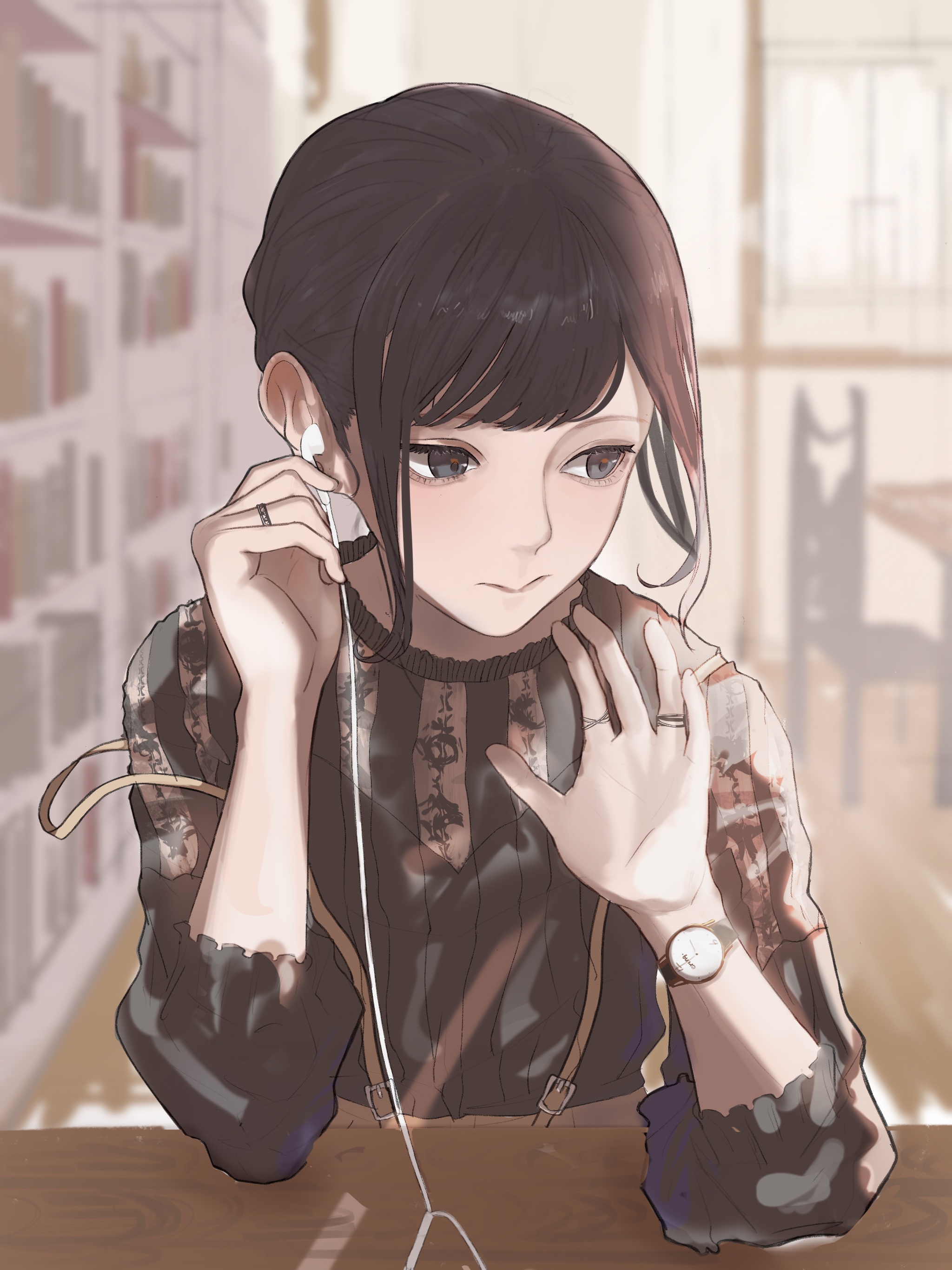 Safebooru - 1girl :> absurdres black shirt blurry blurry background bookshelf brown hair ...