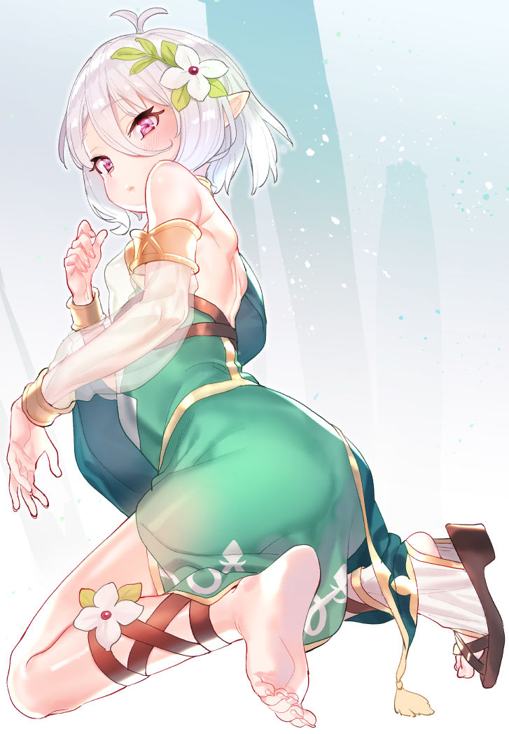 Safebooru - 1girl antenna hair ass bangs bare shoulders barefoot blush brown footwear commentary ...