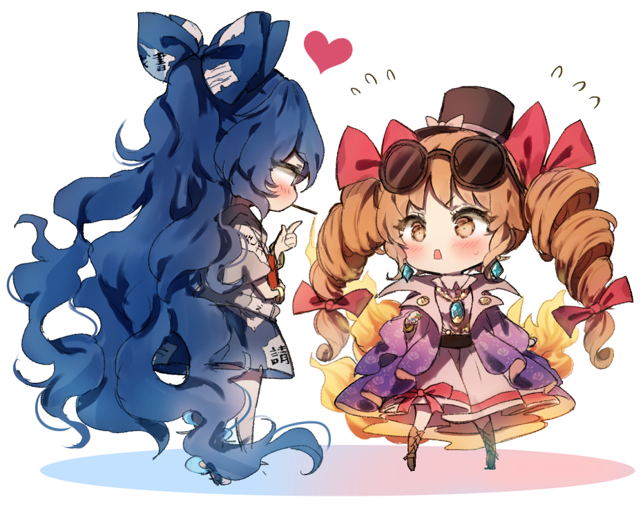 Safebooru - 2girls absurdly long hair aura bangle bangs belt black hat blue bow blue eyes blue ...
