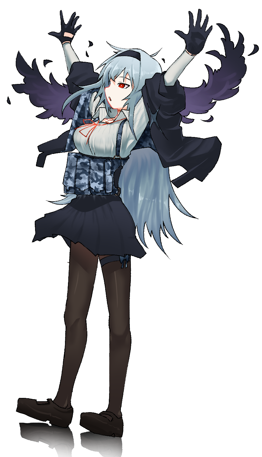 Safebooru - 1girl arms up bangs black footwear black hairband black jacket black legwear breasts ...