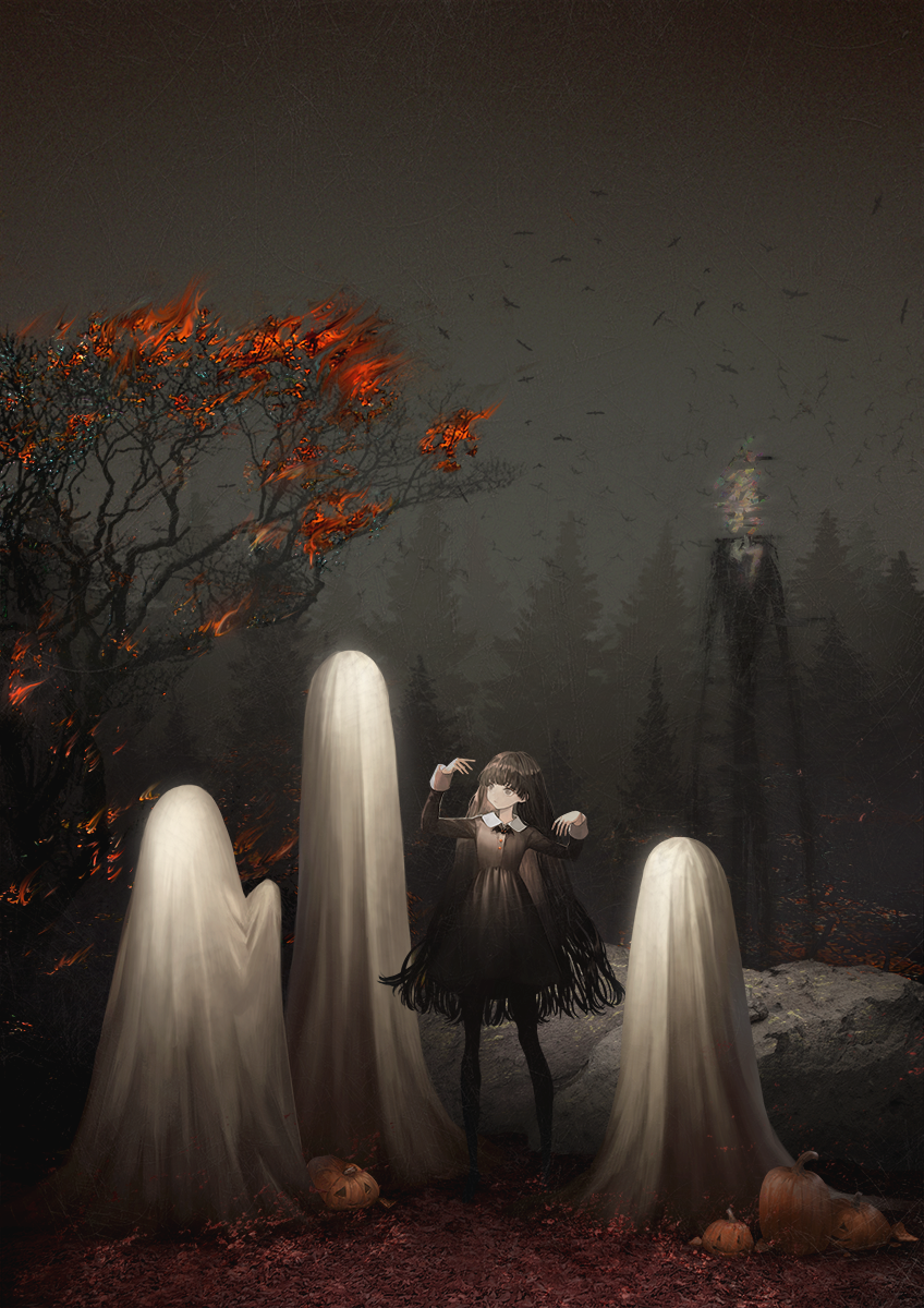 Safebooru - 1girl apparition autumn leaves bird black dress black hair ...