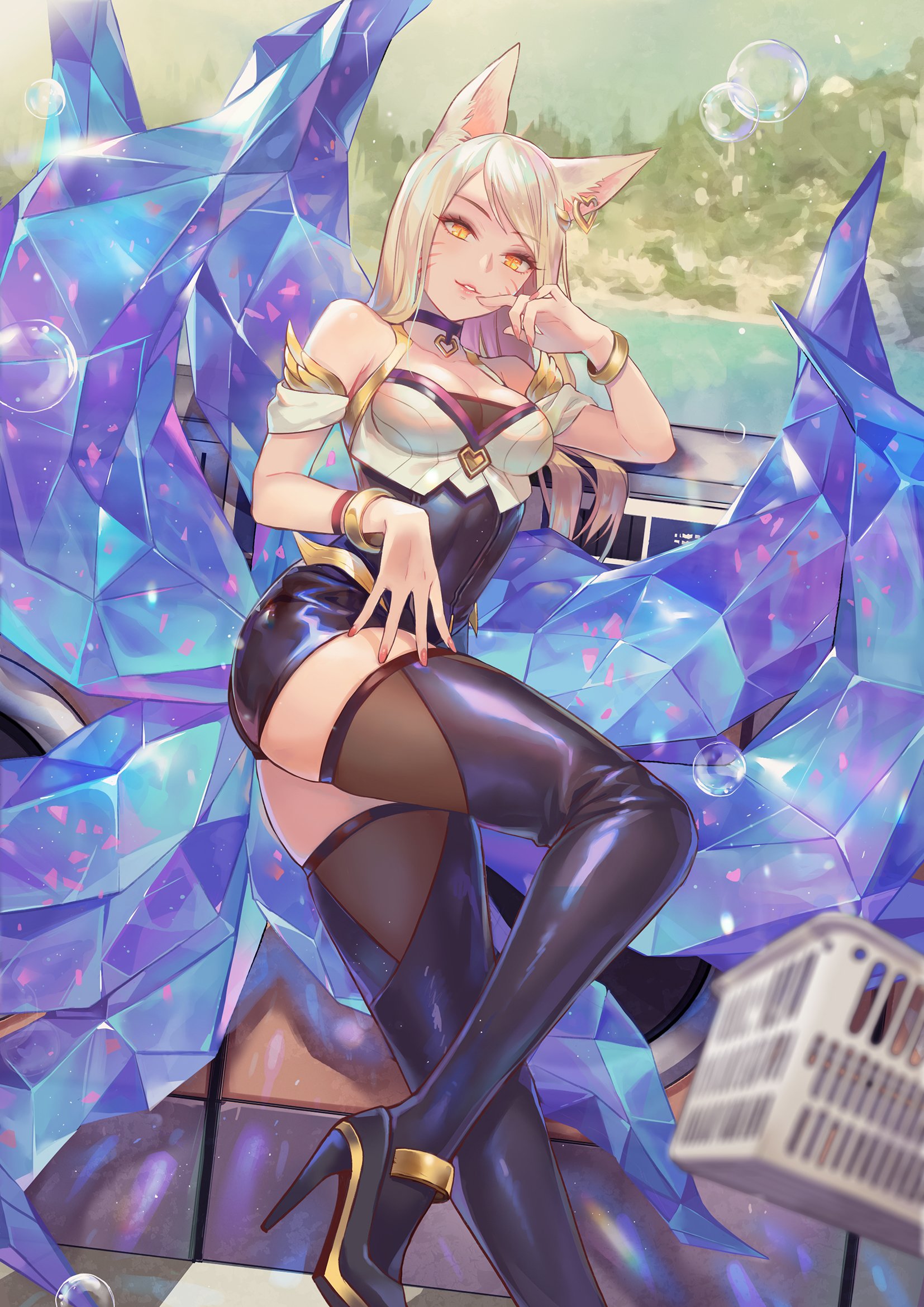 Safebooru - 1girl ahri animal ears arm up bangs black legwear blonde hair blurry blurry ...