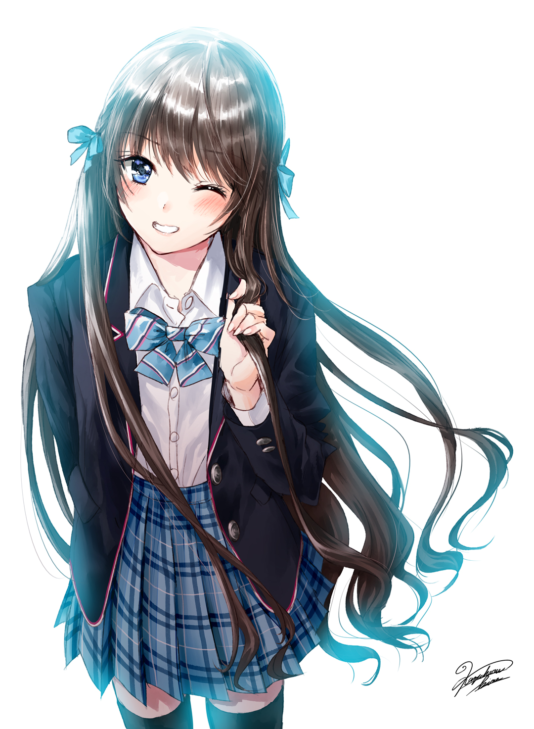 Safebooru - 1girl backlighting bangs black hair black jacket black legwear blazer blue bow blue ...