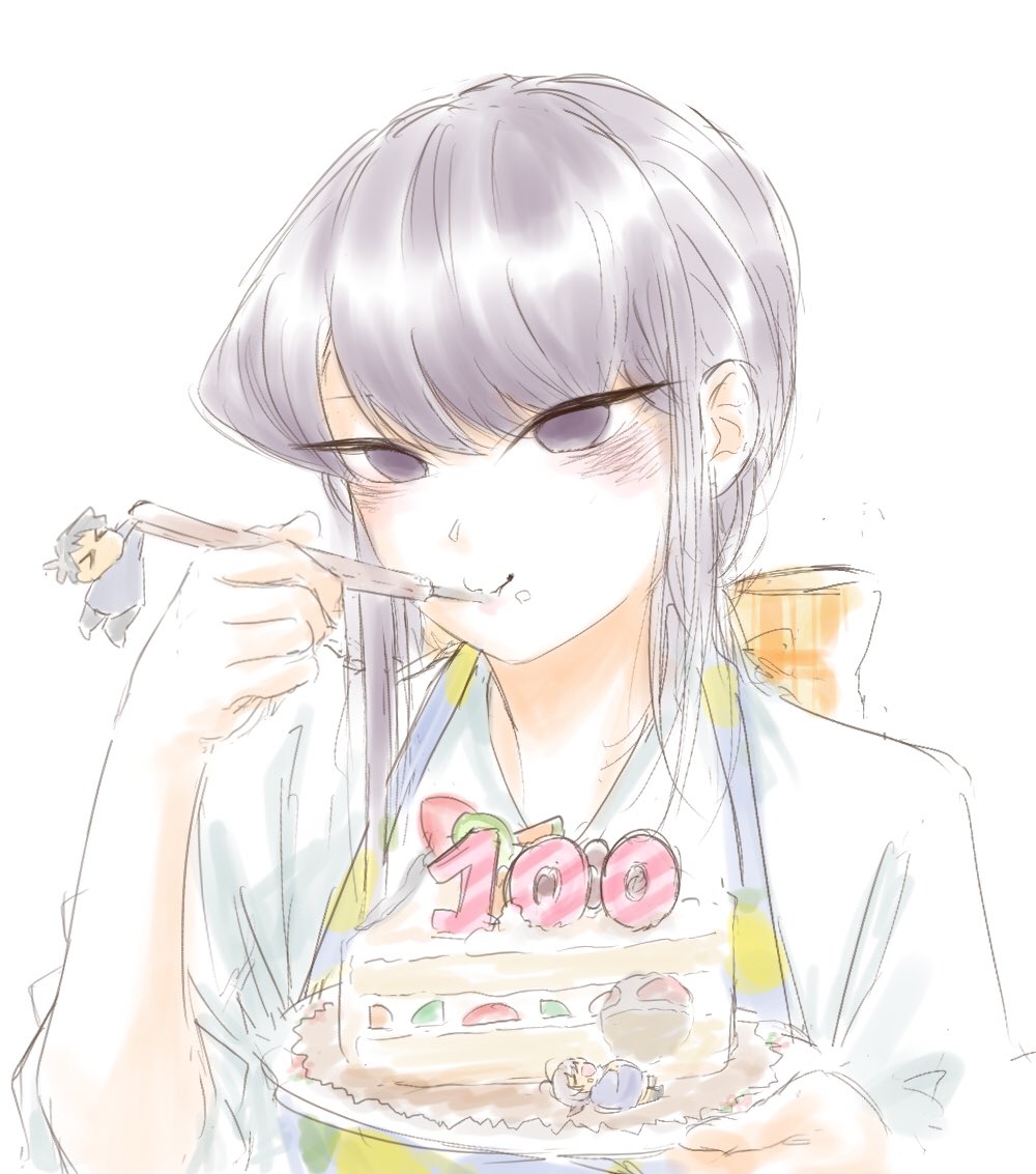 Safebooru - 1girl black eyes black hair cake chibi eating food komi-san ...