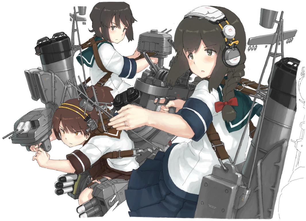 Safebooru - 3girls adapted turret black eyes black hair blue sailor collar blue skirt braid ...