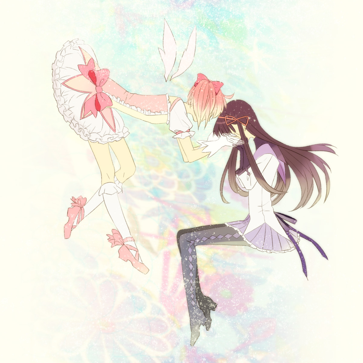 Safebooru - 2girls akemi homura aqua background argyle argyle legwear bare legs black hair blue ...