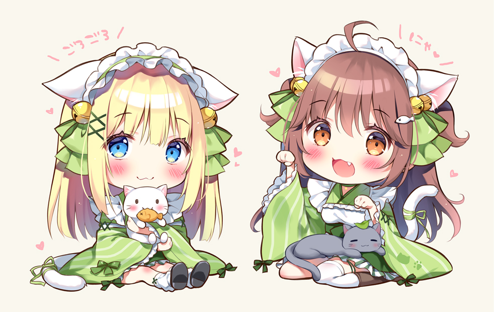 Safebooru - 2girls :3 :d ahoge alternate costume animal animal ears apron bangs bell black ...