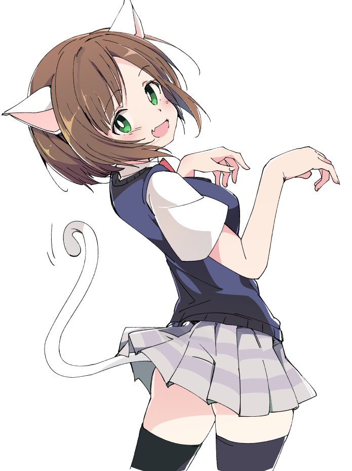 Safebooru - 1girl animal ears black legwear brown hair cat ears cat tail eyebrows visible ...
