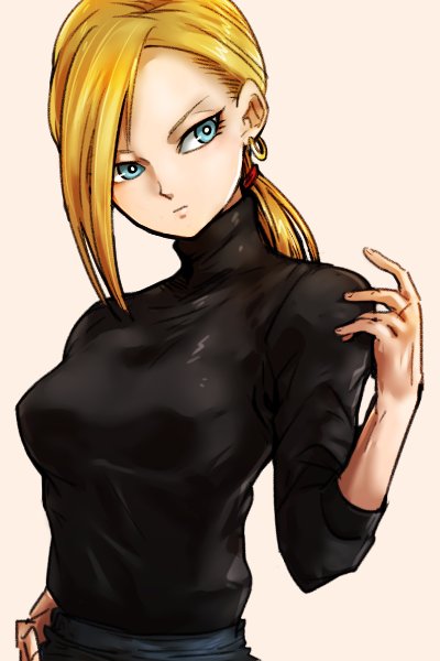 Safebooru - 1girl alternate costume alternate hairstyle android 18 bangs black shirt blonde hair ...