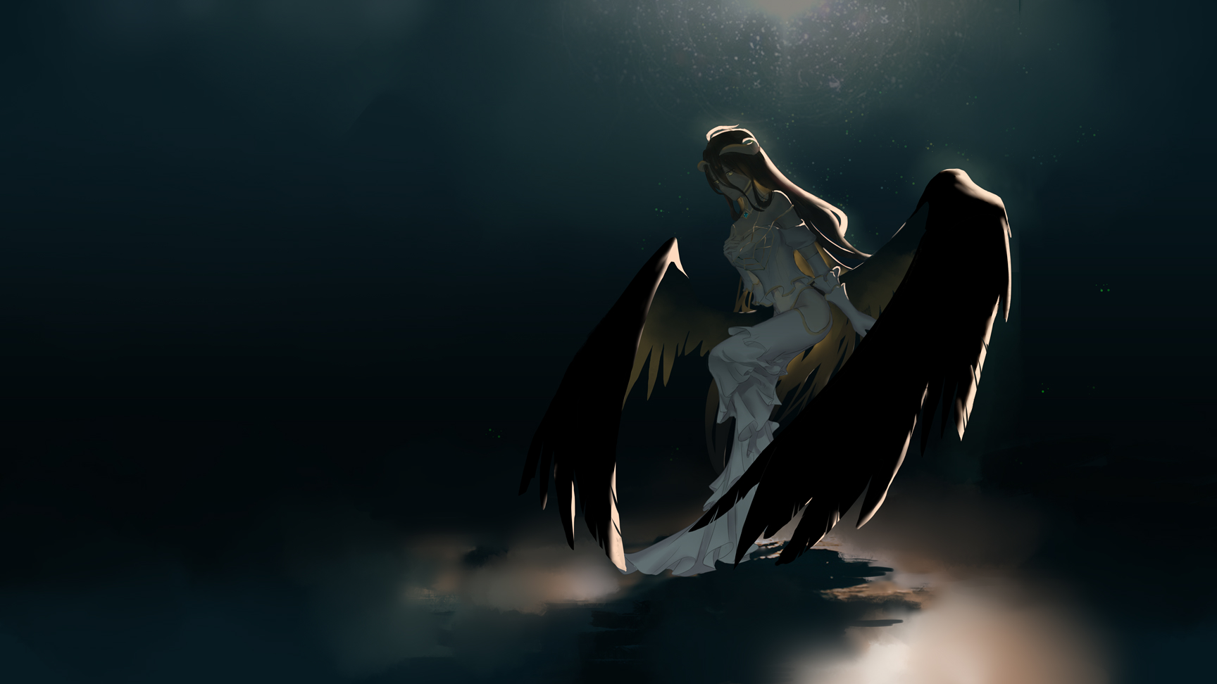 Safebooru - 1girl ahoge albedo ass wings bare hips black hair black wings dress feathered wings ...