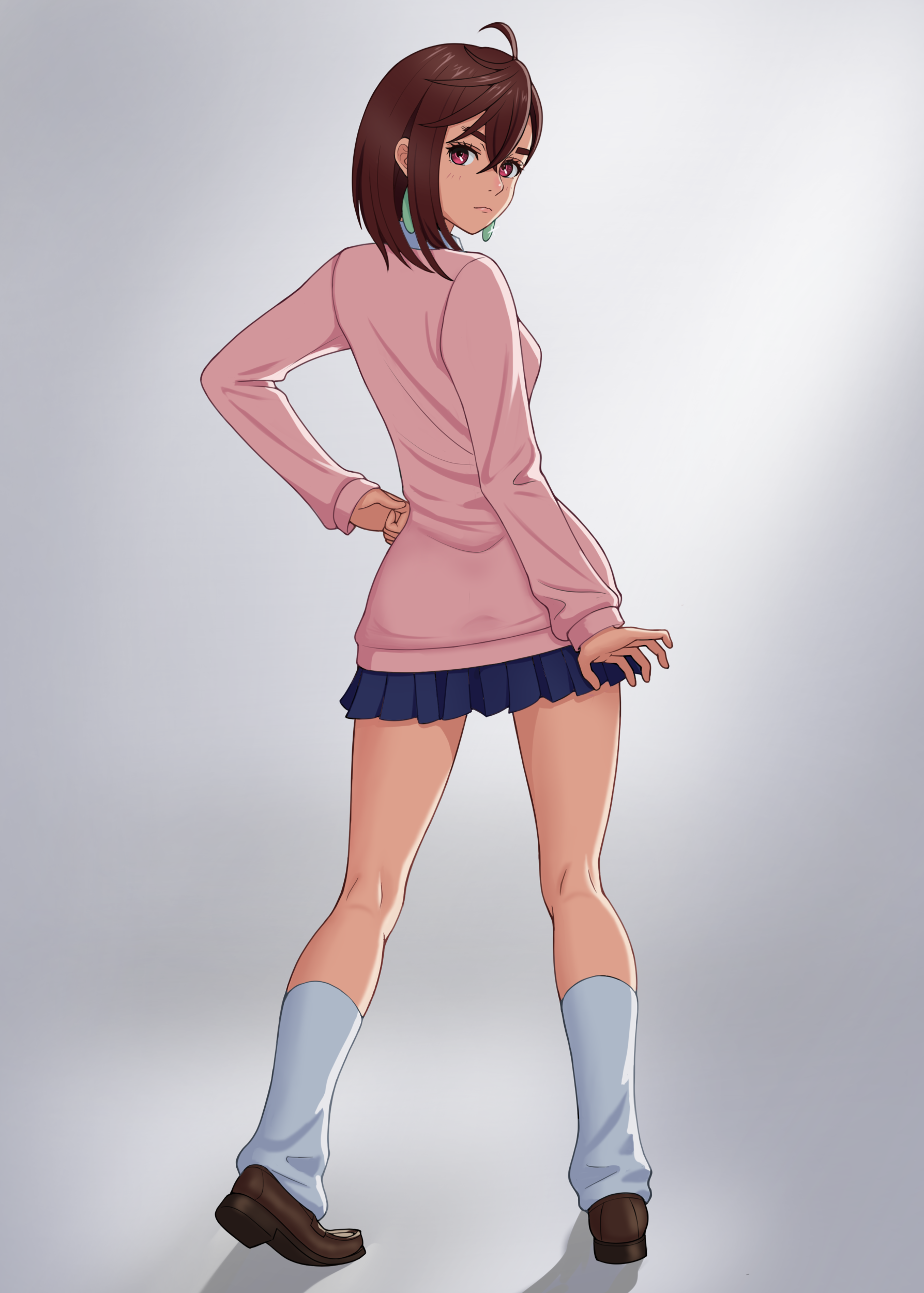 Safebooru - 1girl absurdres ayase momo blue skirt breasts brown footwear brown hair closed mouth ...