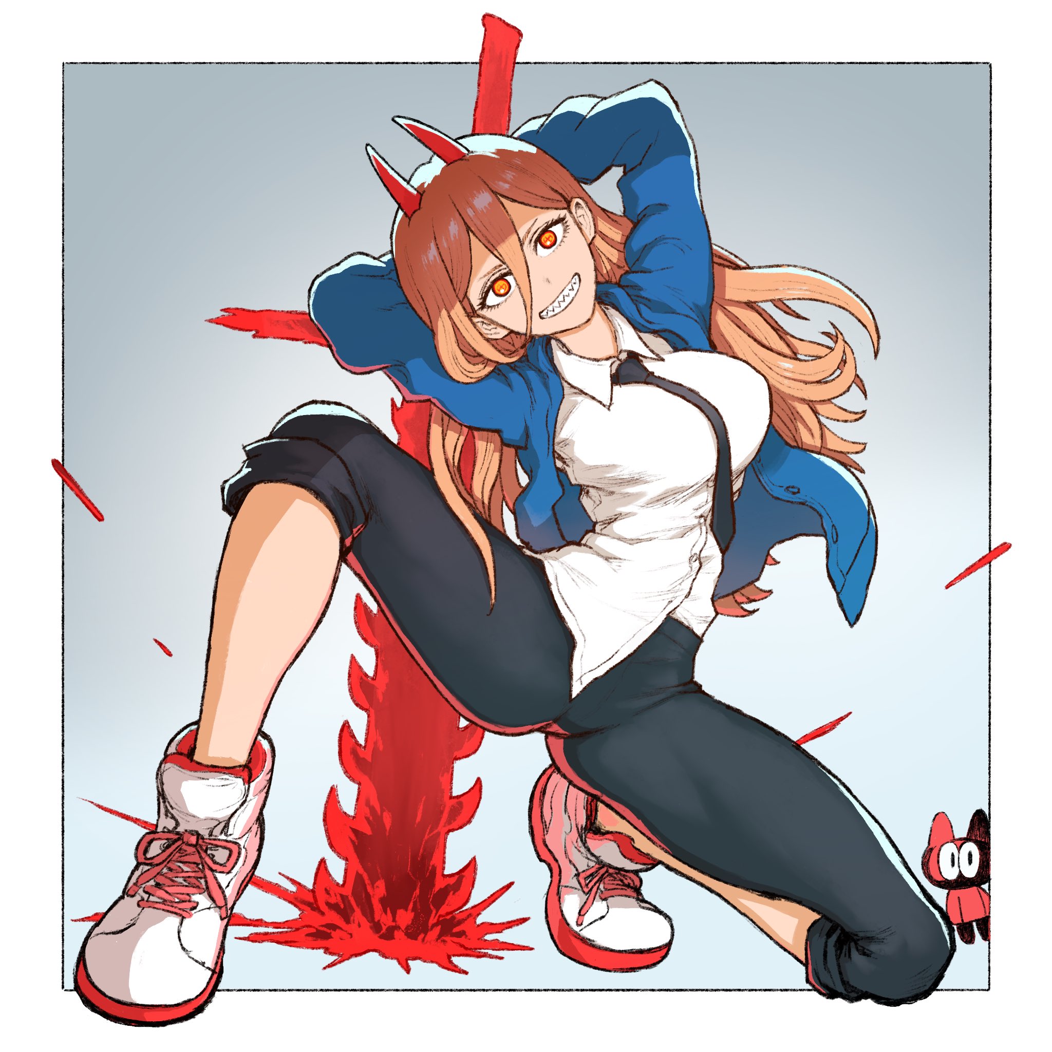 Safebooru - 1girl arms behind back black necktie black pants blonde hair blood blood sword blue ...