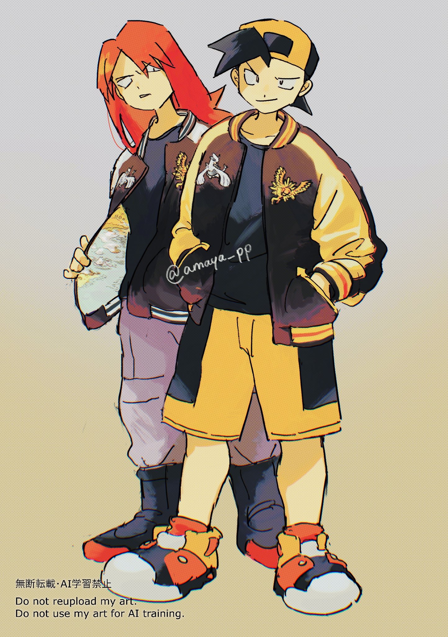 Safebooru - 2boys amaya uw backwards hat baseball cap black hair ethan (pokemon) grey background ...