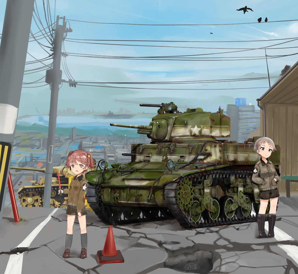 Safebooru - 2girls alisa (girls und panzer) artist name bangs baton bird black footwear black ...