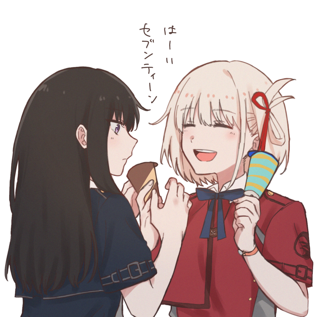 Safebooru - 2girls black hair blonde hair blue dress blue ribbon bob cut closed eyes closed ...