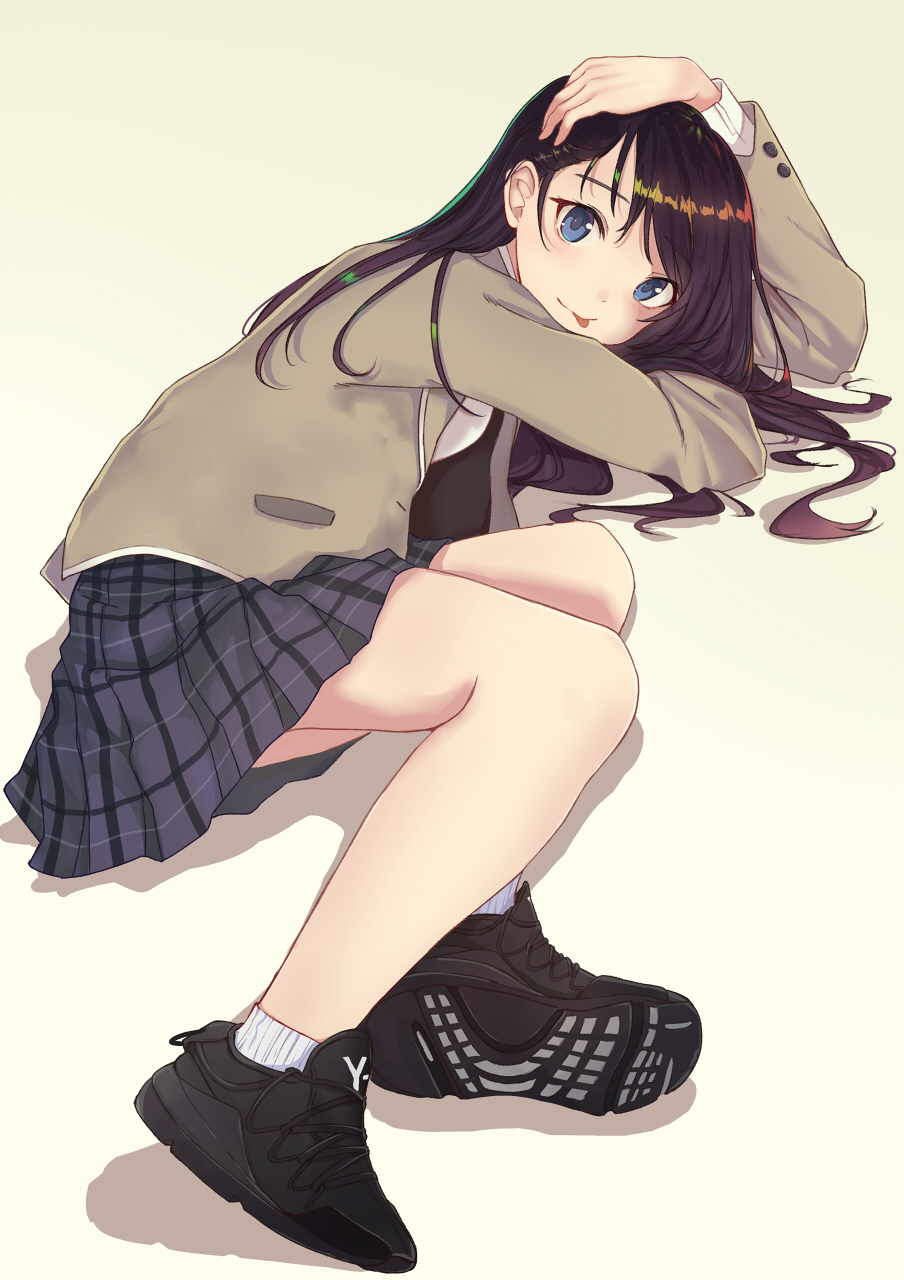 Safebooru - 1girl :p arm up bangs black footwear black hair black skirt blazer blue eyes breasts ...