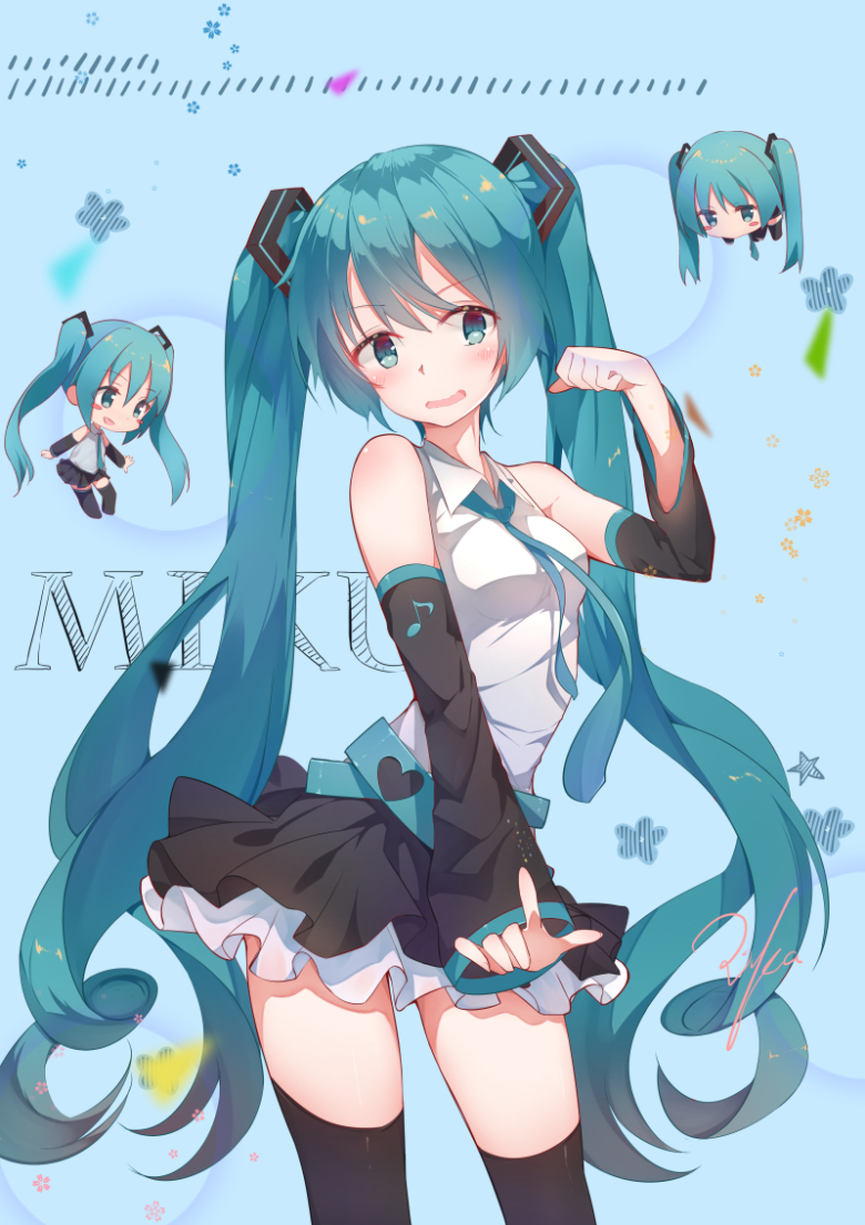 Safebooru - 1girl aqua eyes aqua hair aqua neckwear black skirt blue background blush character ...