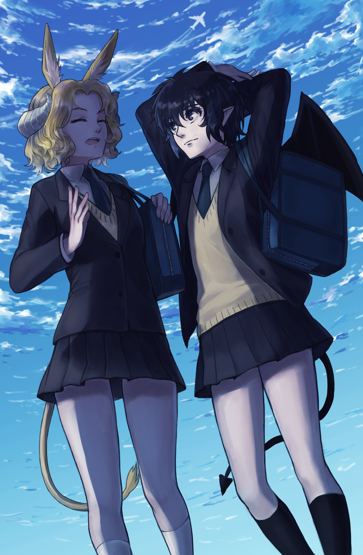 Safebooru - 2girls animal ear fluff animal ears arms behind back arms up bag black eyes black ...