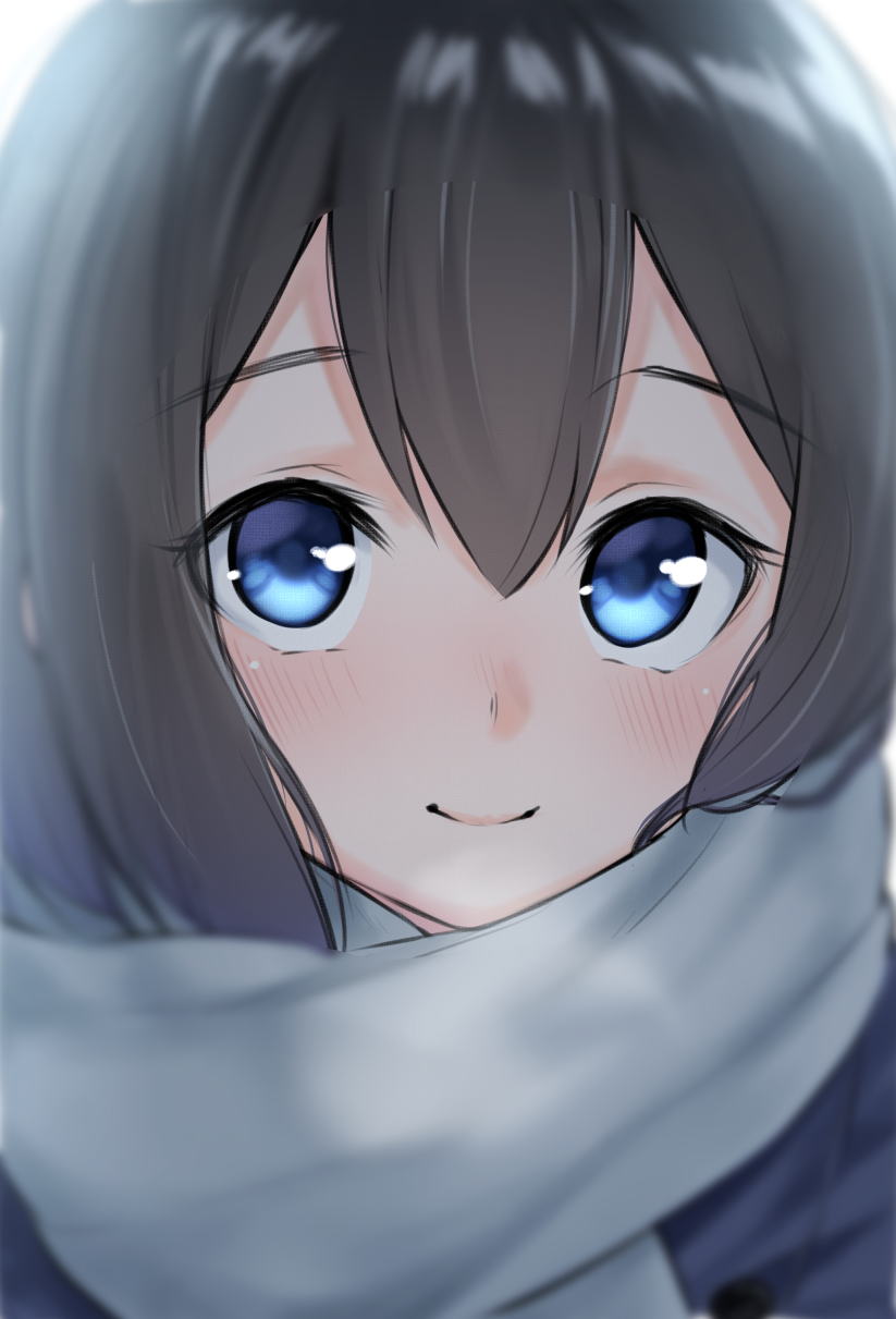 Safebooru - 1girl backlighting bangs black jacket blue eyes blurry blurry foreground blush brown ...