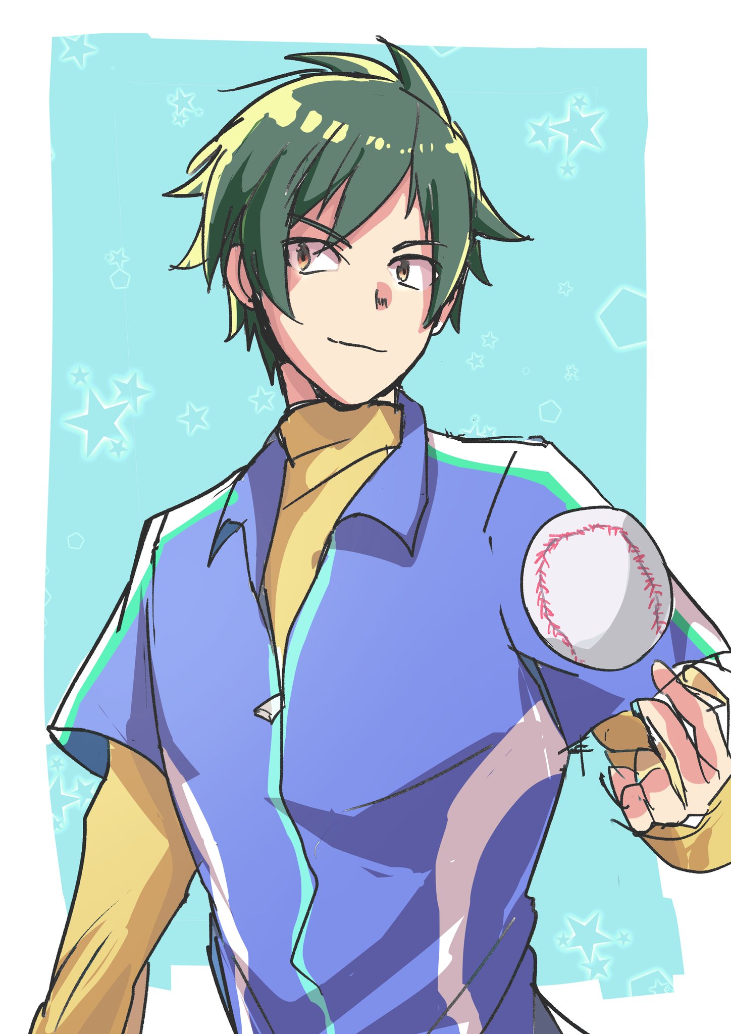 Safebooru - 1boy :d aqua hair baseball baseball uniform blue background ...