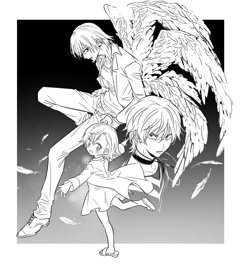 Safebooru - 1girl 2boys accelerator ahoge choker dress feathered wings ...