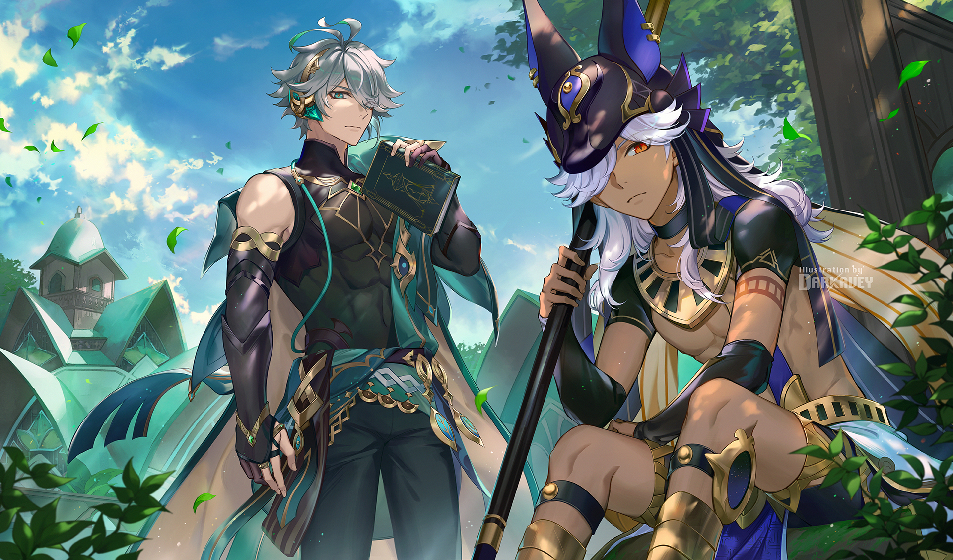 Safebooru - 2boys abs ahoge alhaitham (genshin impact) animal ears animal hat architecture ...