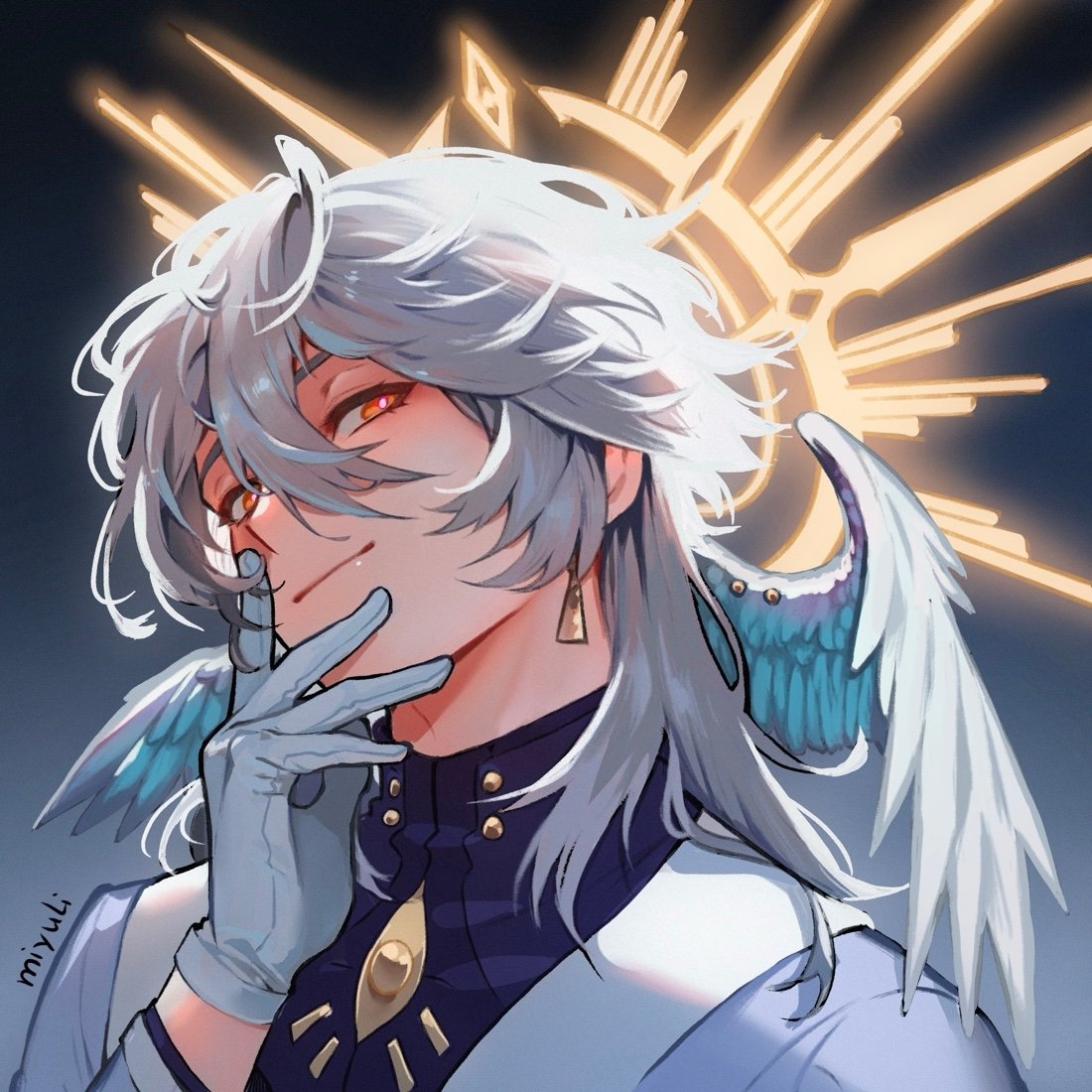 Safebooru - 1boy angel angel wings feathered wings halo head tilt head ...
