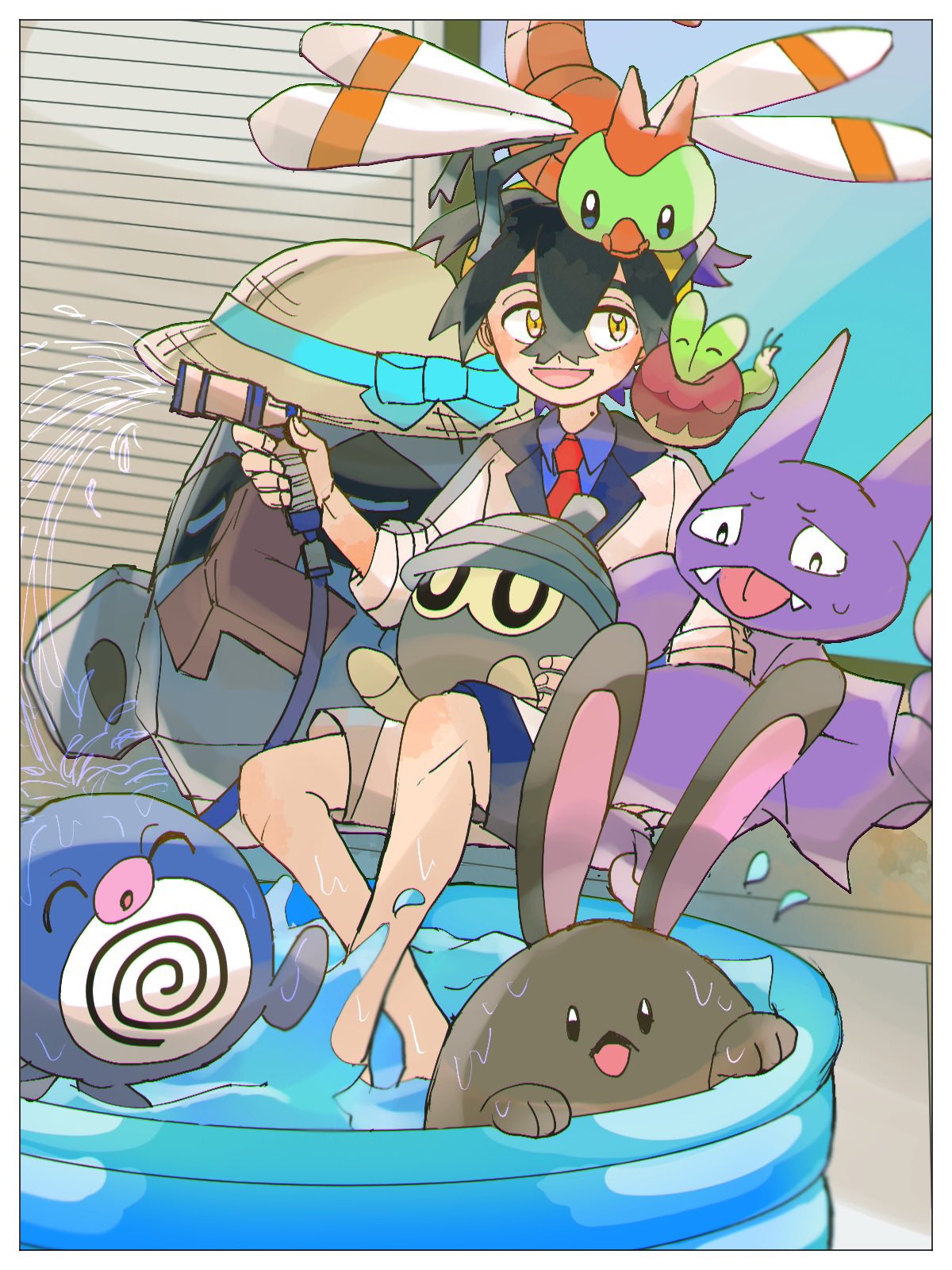 Safebooru - 1boy ^ ^ applin black hair blue shirt closed eyes collared shirt commentary request ...