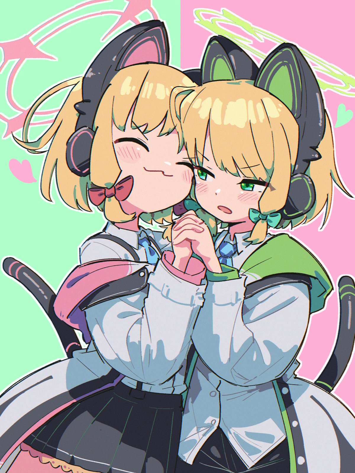 Safebooru - 2girls :3 animal ear headphones animal ears black shorts black skirt blonde hair ...