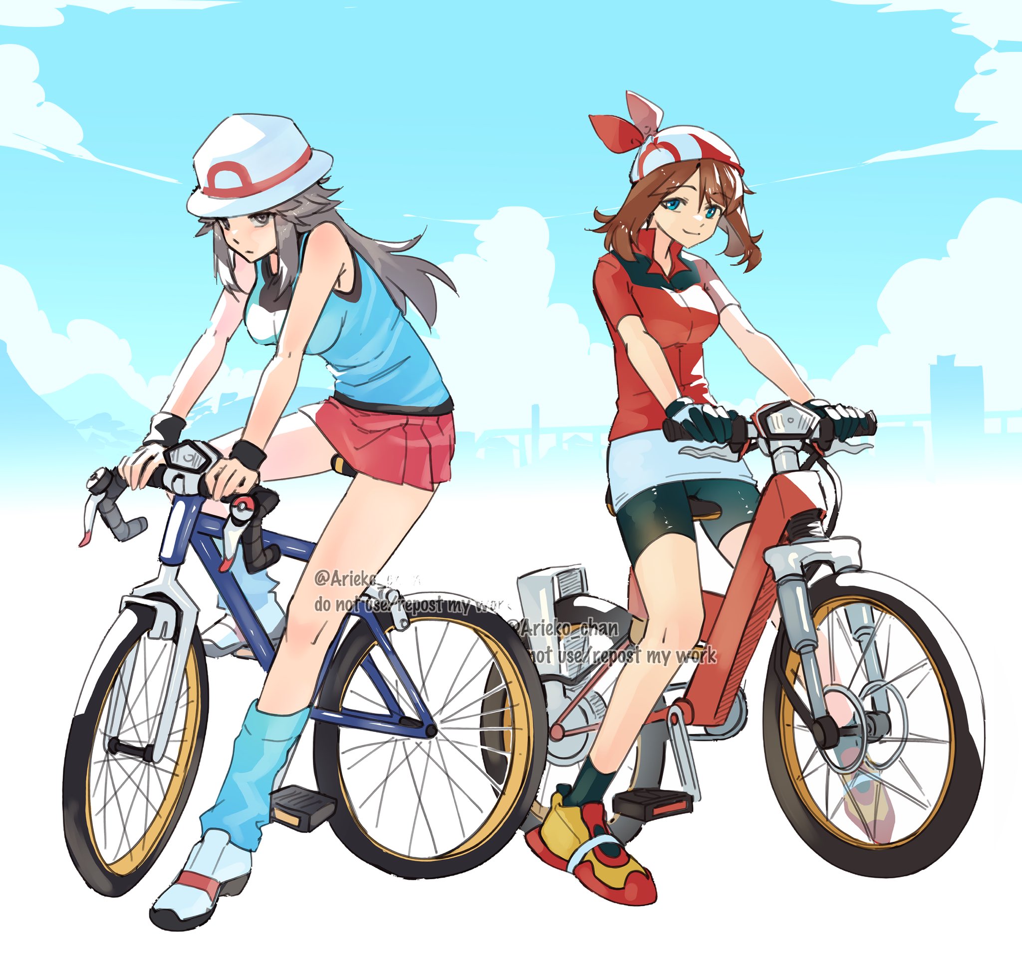 Safebooru - 2girls ariekochan bandana bicycle bike shorts black shorts blue eyes blue shirt ...