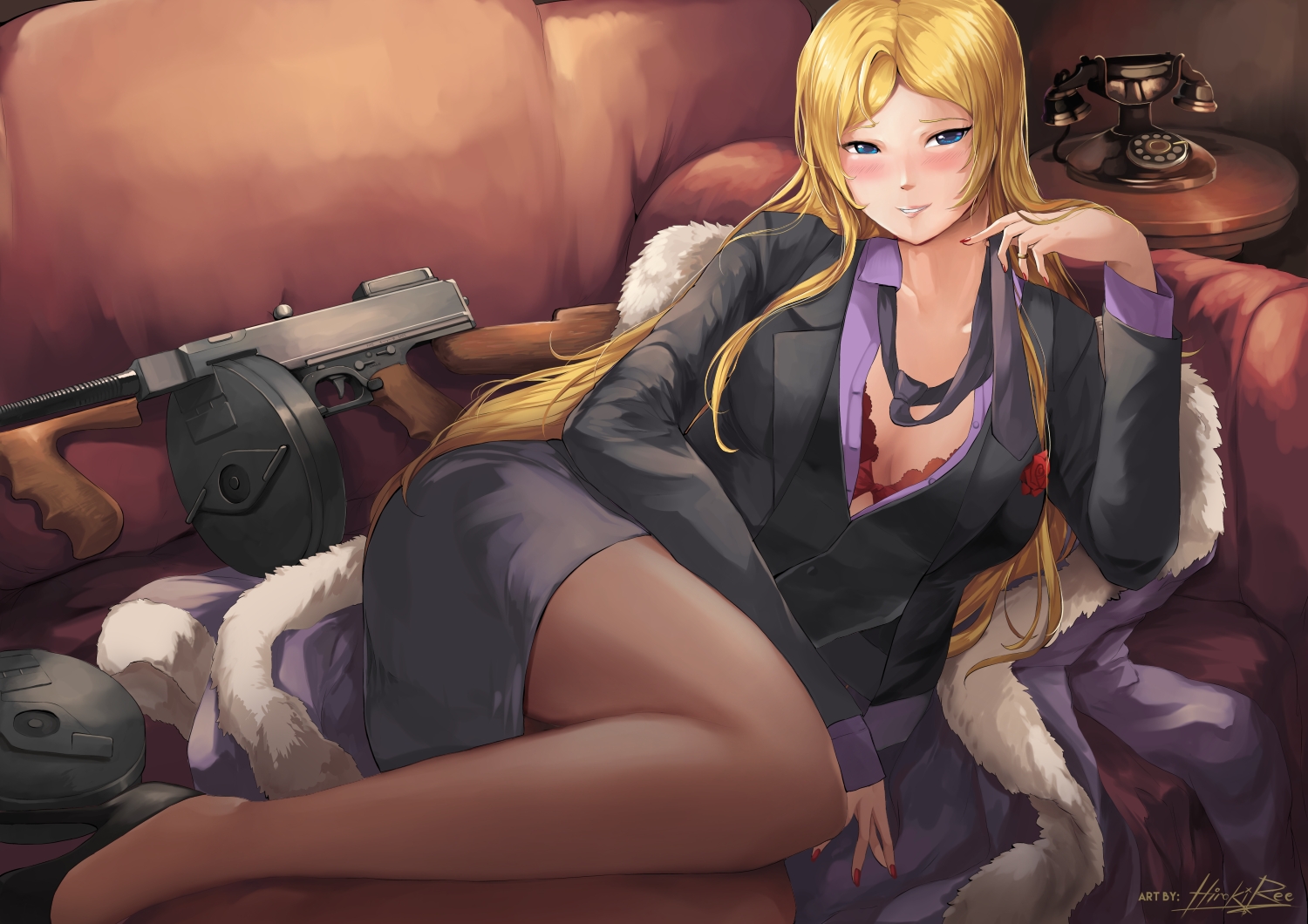 Safebooru - 1girl ahoge alternate costume artist name black footwear black legwear black skirt ...