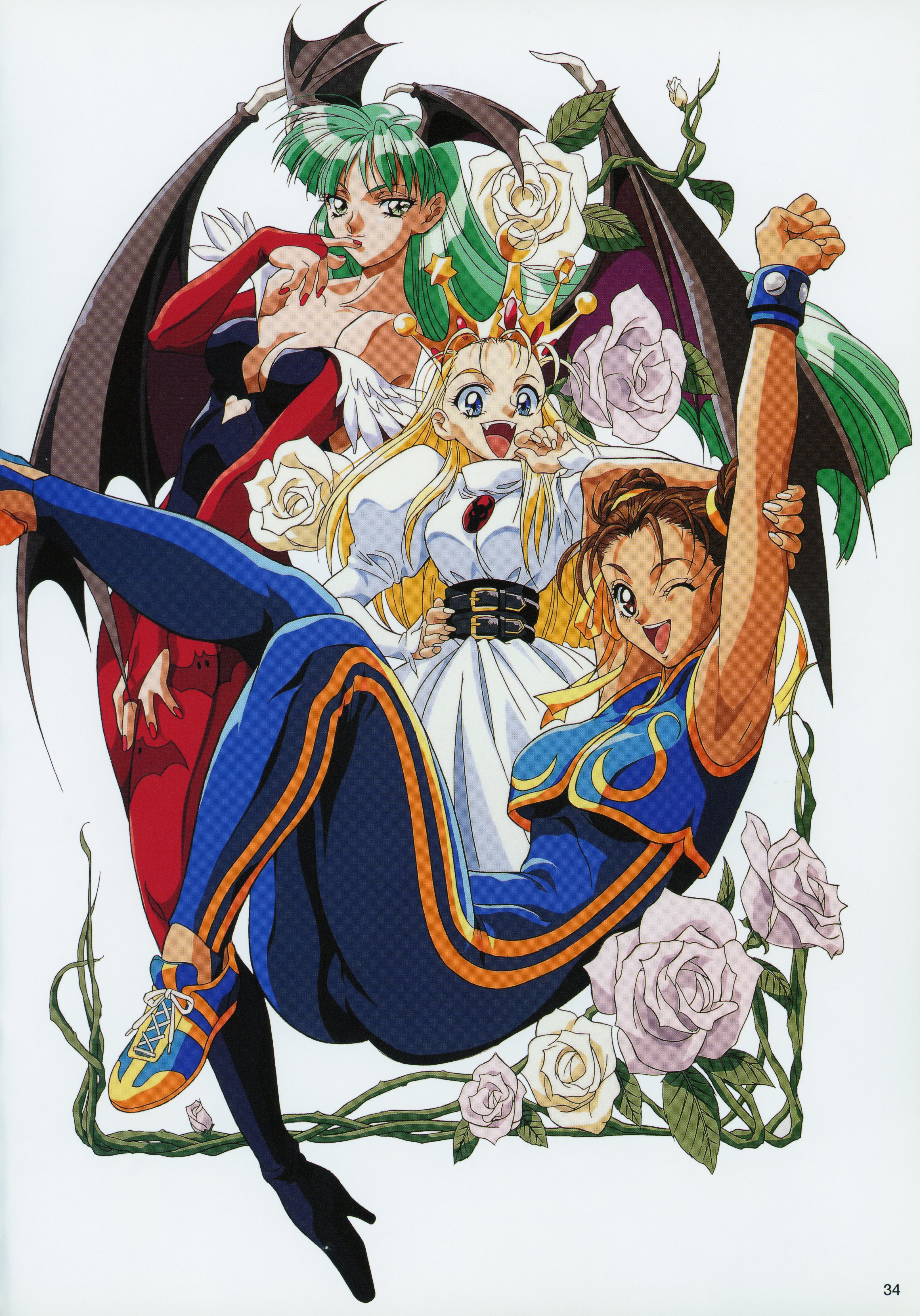 Safebooru - 3girls absurdres animal print bare shoulders bat print bat wings blonde hair blue ...