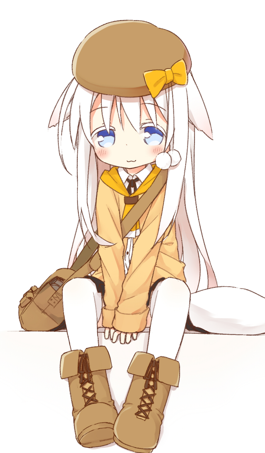 Safebooru - 1girl animal ears ayanepuna bag beret black skirt boots bow brown footwear brown hat ...