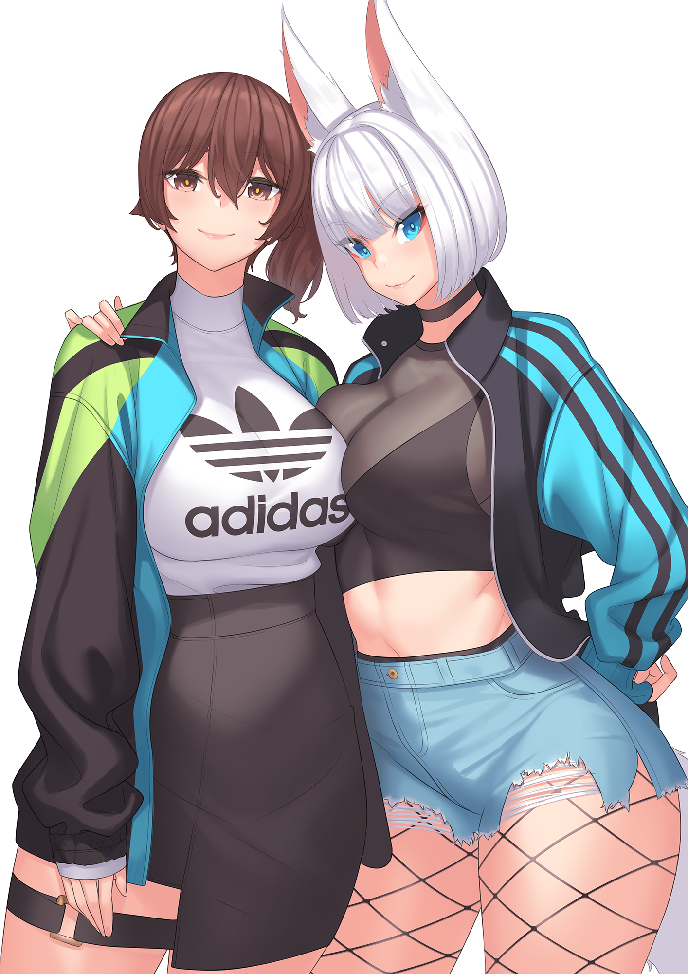 Safebooru - 2girls adidas animal ears asymmetrical docking azur lane bangs between breasts black ...