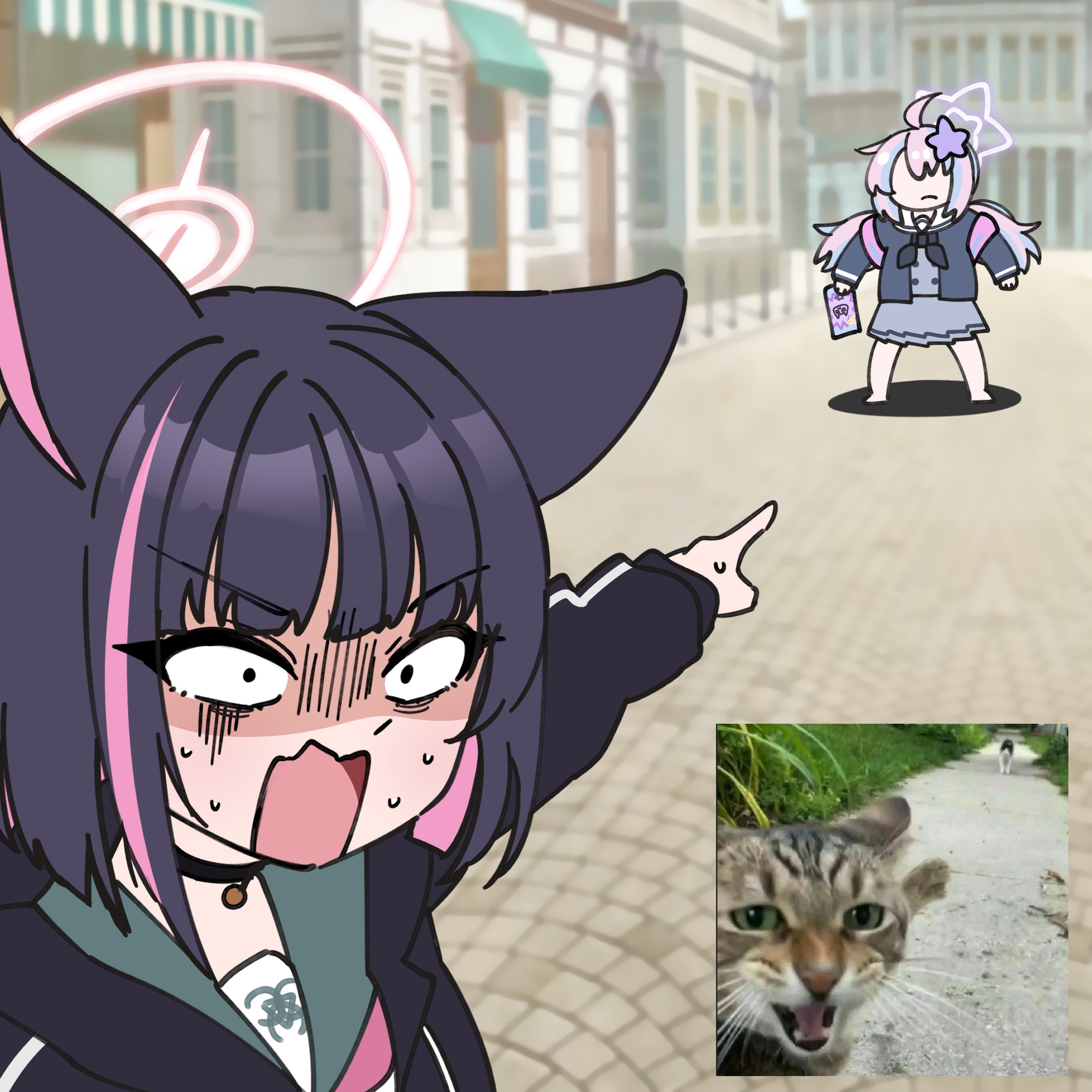 Safebooru - 2girls animal ears bell black choker black hair black hoodie black ribbon blue ...