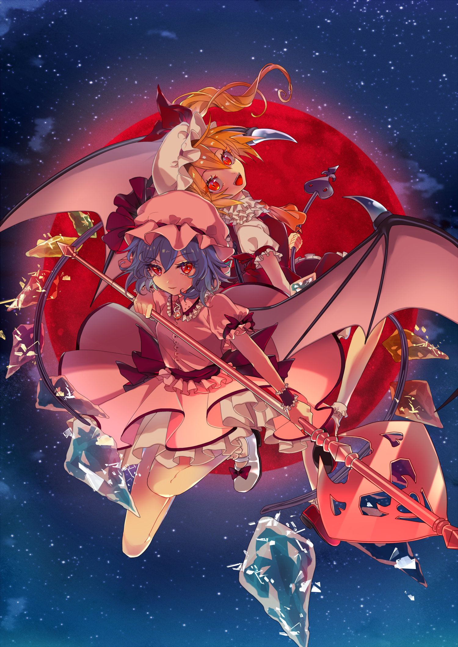 Safebooru - 2girls ascot bat wings blonde hair blue hair bow clouds commentary request crystal ...