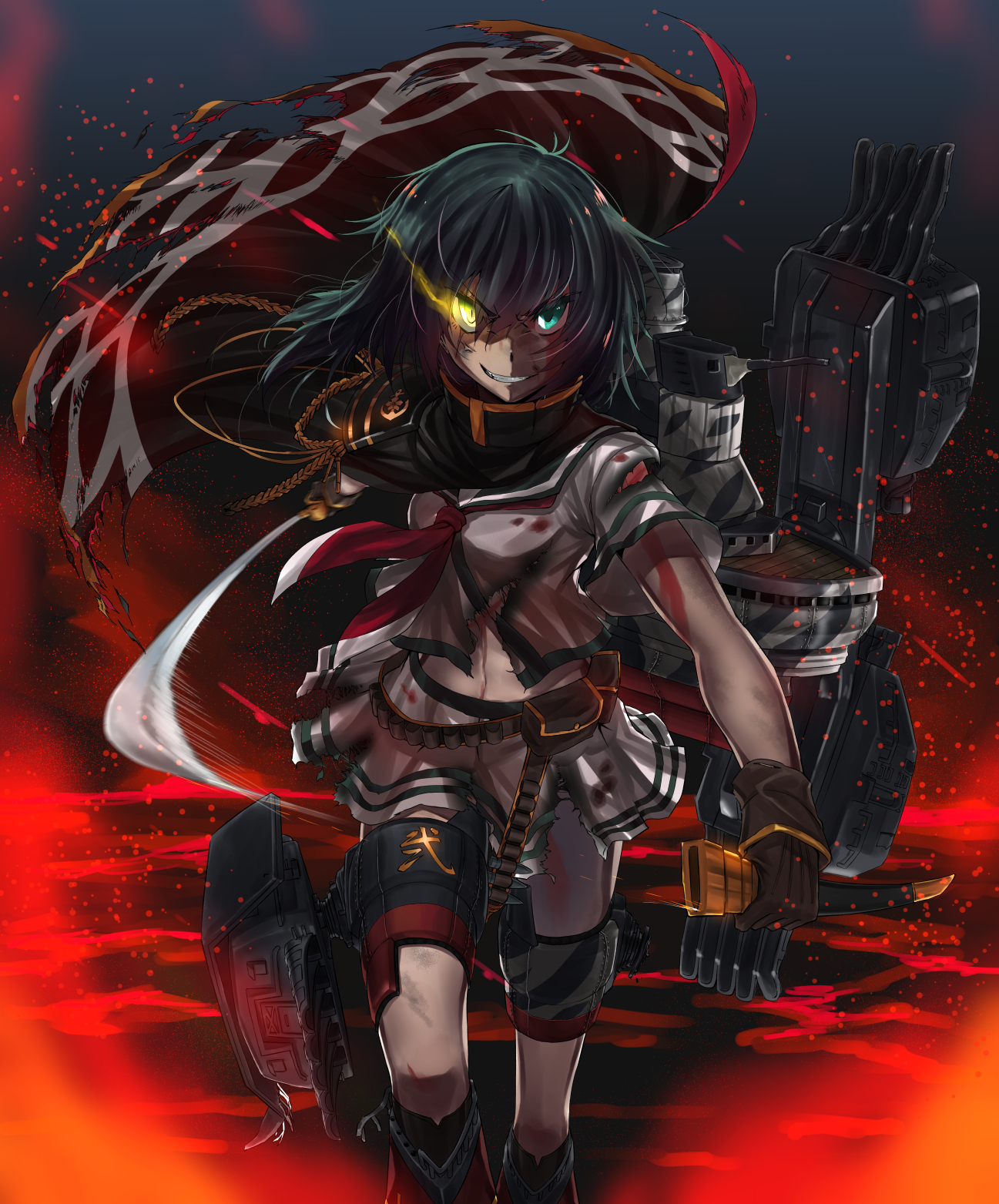 Safebooru - 1girl belt black cape blood cannon cape cutlass green eyes ...