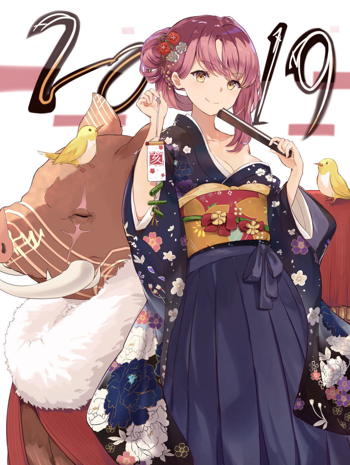 Safebooru - 1girl 2019 animal bangs bird black kimono blue hakama breasts brown eyes chinese ...