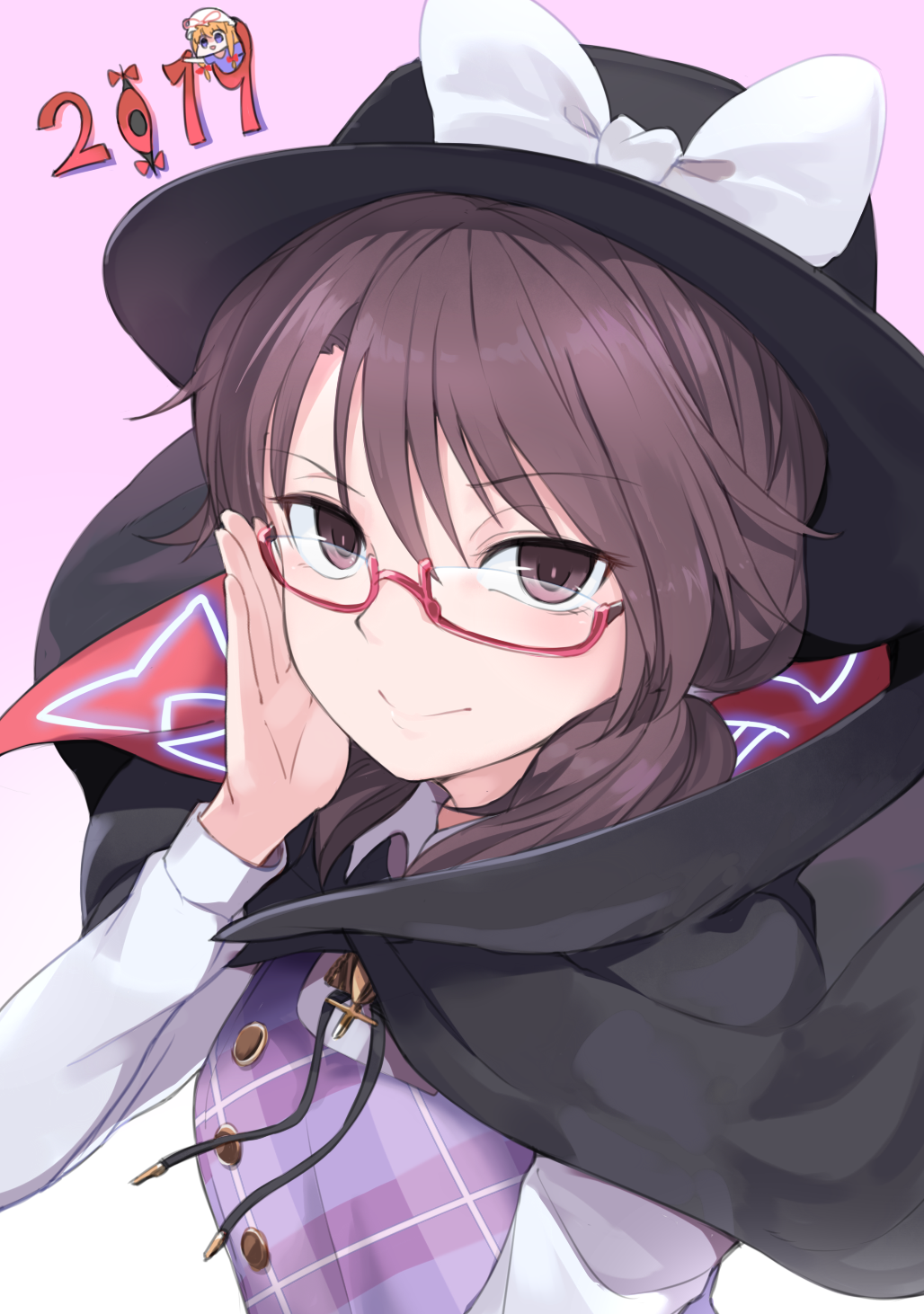 Safebooru - 2girls adjusting eyewear argyle bangs black cape black hat ...